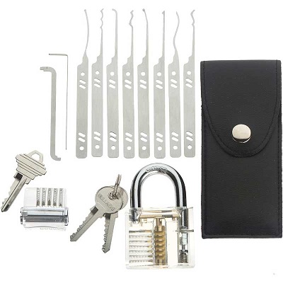 12 Pieces Lock Pick Kit Includes 2 Transparent Practice Locks